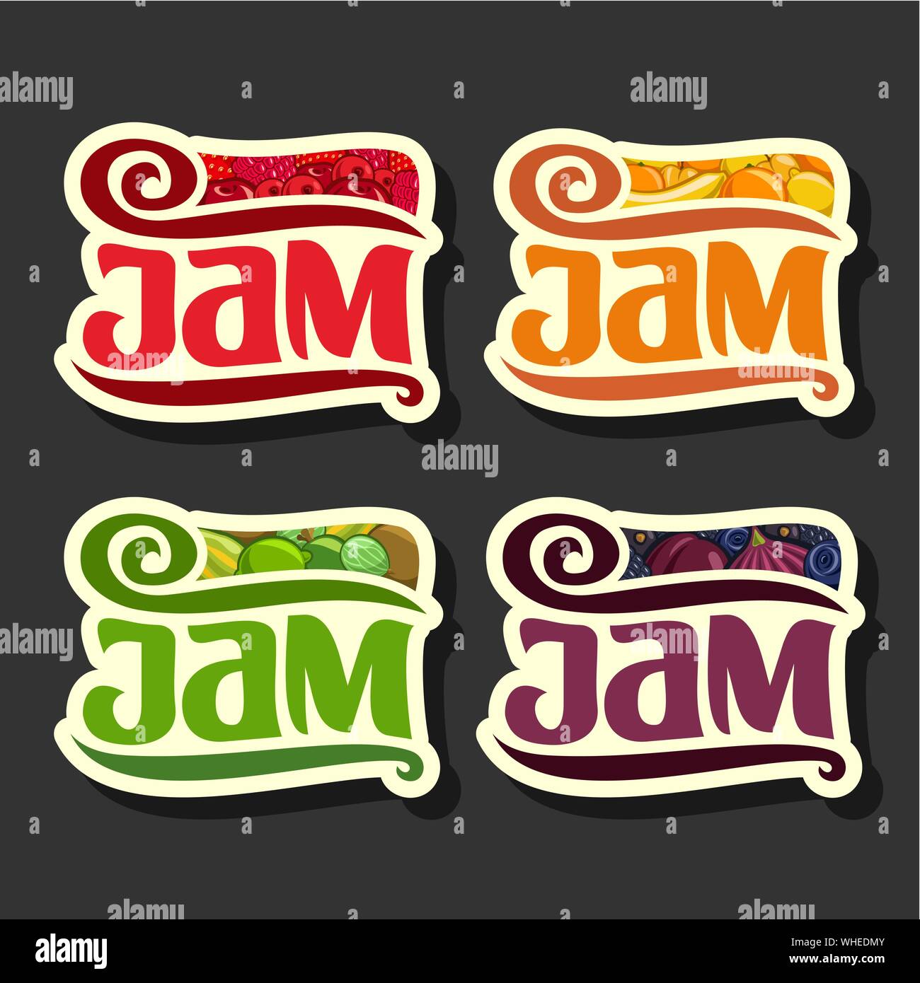 Vector Set of Fruit Jam Labels, isolated on black background Stock ...