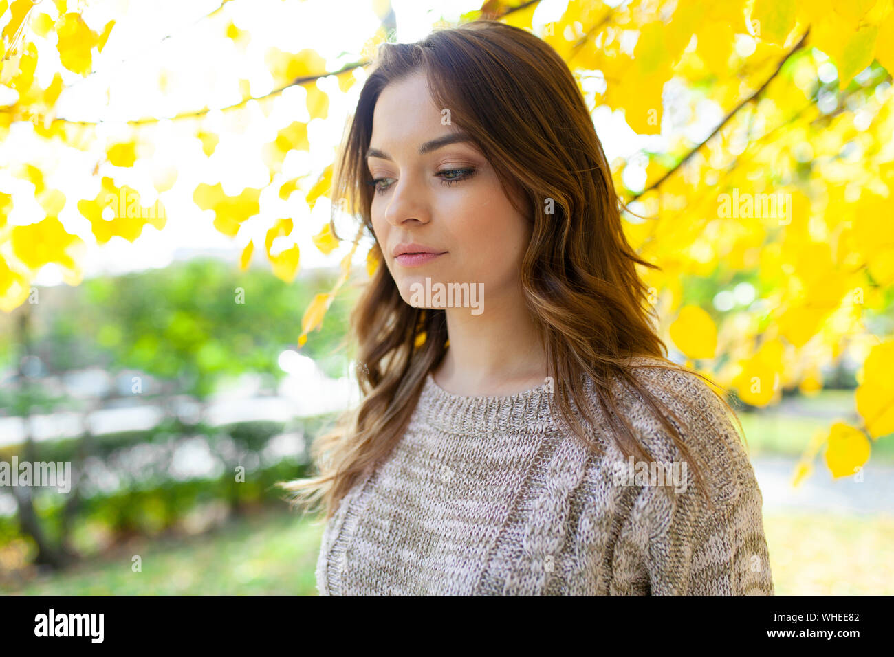 Beautiful caucasian brunette girl standing warm autumn day with ...