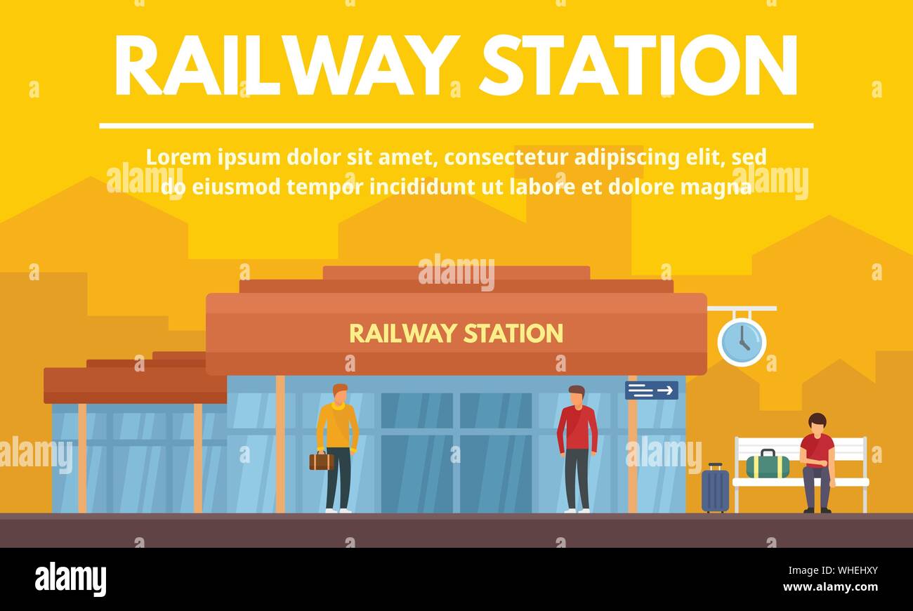 Railway station building concept banner. Flat illustration of railway ...