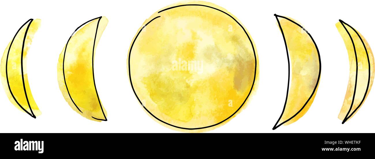 Phases of the moon, vector and watercolor drawing in teal blue Stock ...