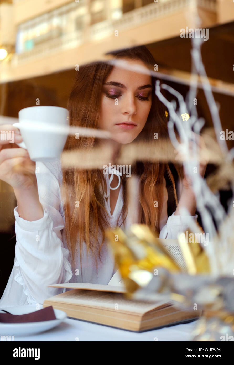 Teenage Girl Reading Book Seen Through Window Stock Photo - Alamy