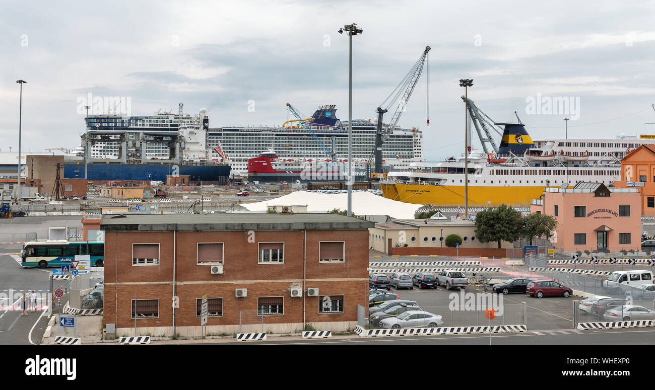 LIVORNO, ITALY - JULY 11, 2019: Ships moored in ferry port terminal ...