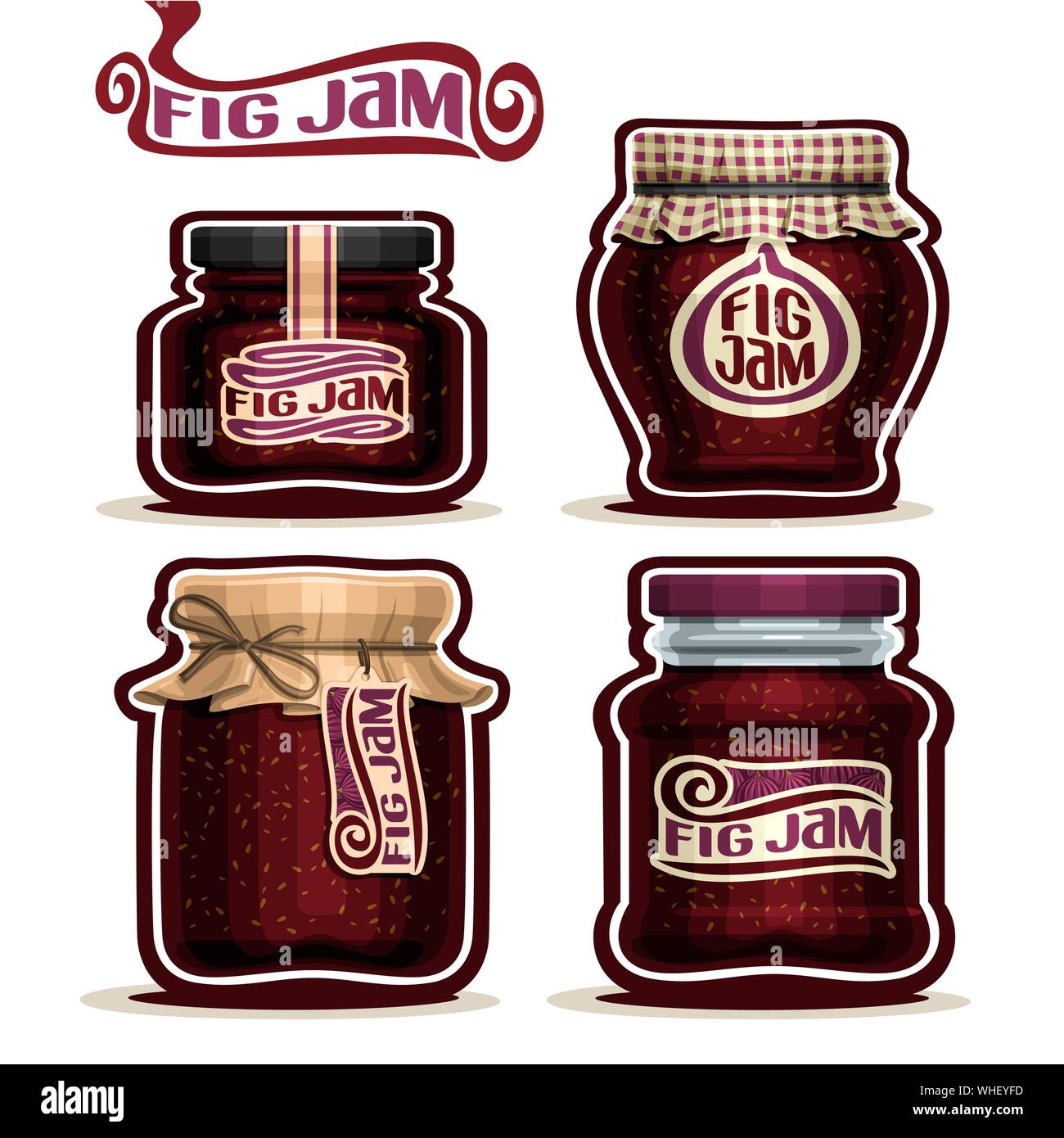 Vector set of Fig Jam in glass Jars with paper cover lid, isolated on ...