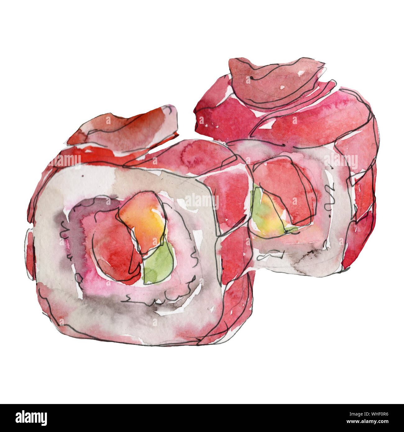 Watercolor sushi set of beautiful tasty japanese food illustration ...