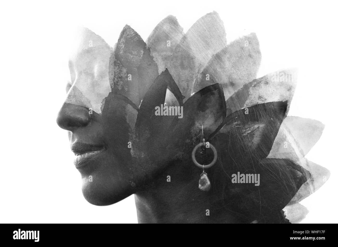 Paintography. Double exposure profile portrait of an ethnic woman ...