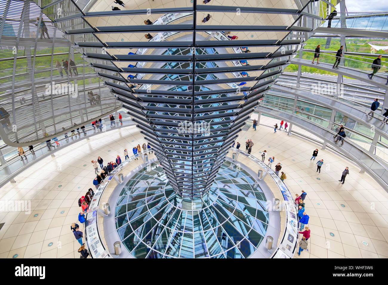 Berlin, Germany - May 4, 2019 - The interior of the glass dome on top ...