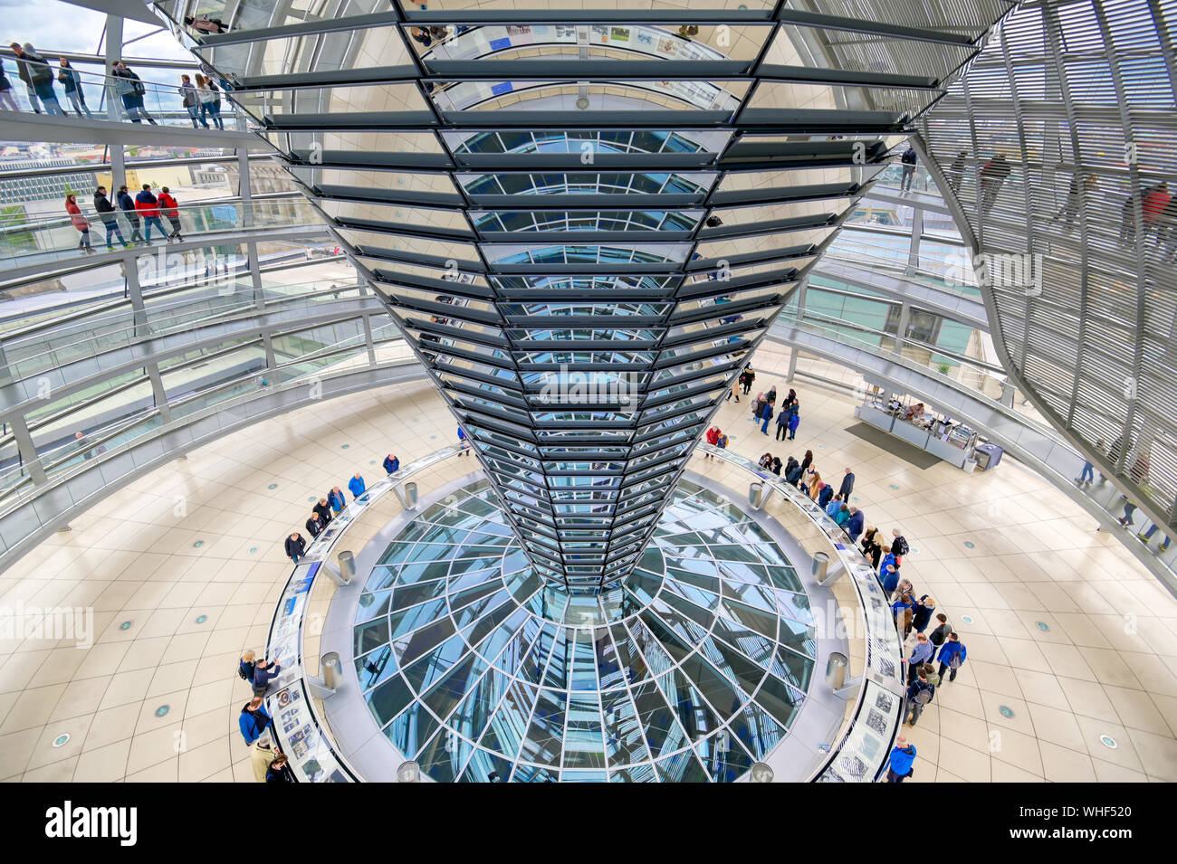 Berlin, Germany - May 4, 2019 - The interior of the glass dome on top ...
