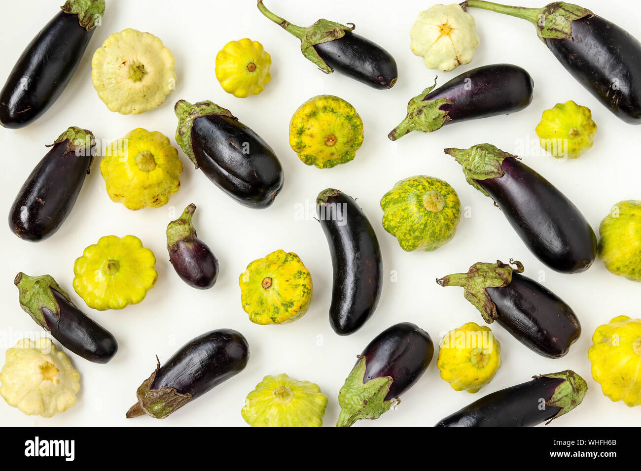 Pattern Organic Vegetables: patissons and eggplant on white background ...