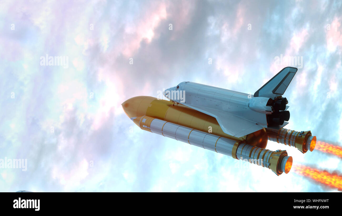 Space Shuttle Flying Over The Clouds. 3d illustration Stock Photo - Alamy