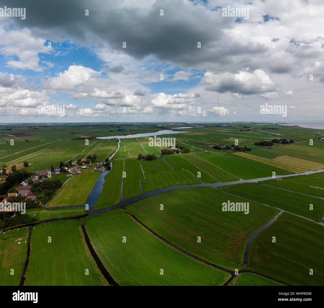 Aerial view of the agrarian green pasture fields with its irrigation ...