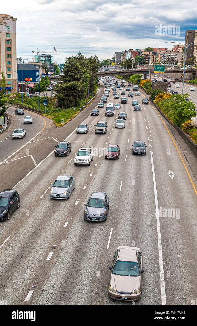 A busy interstate highway passing through Seattle, Washington Stock ...