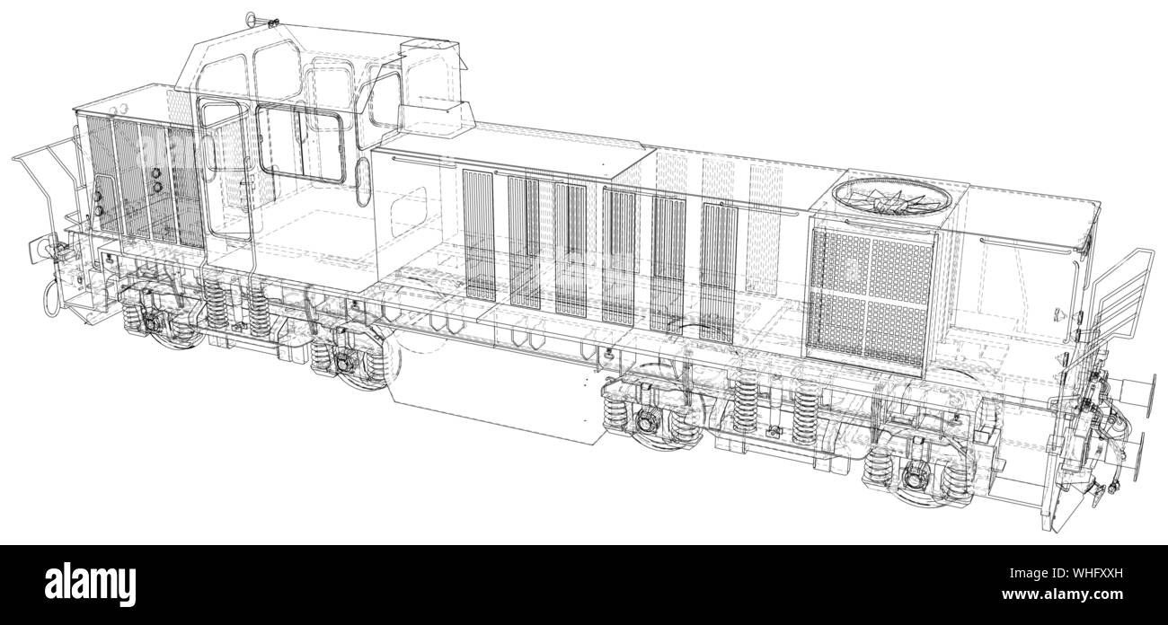 Locomotive wire-frame. Vector illustration. Tracing illustration of 3d ...