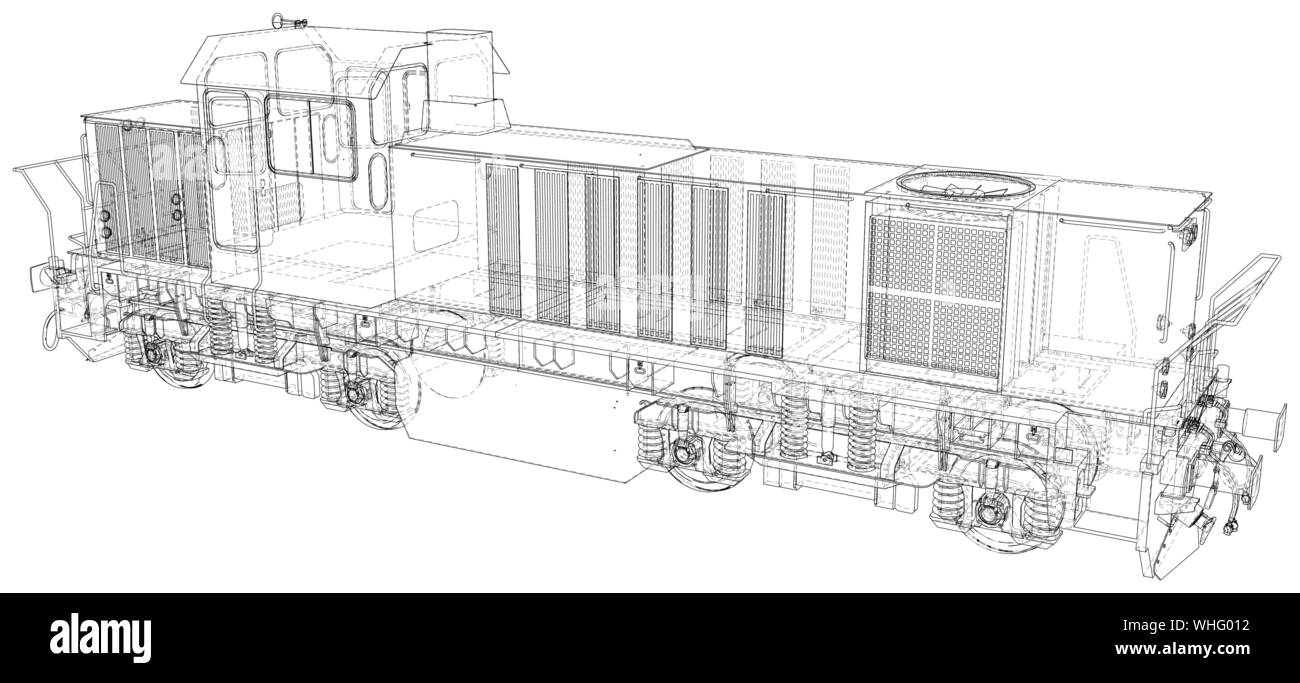 Locomotive wire-frame. Vector illustration. Tracing illustration of 3d ...