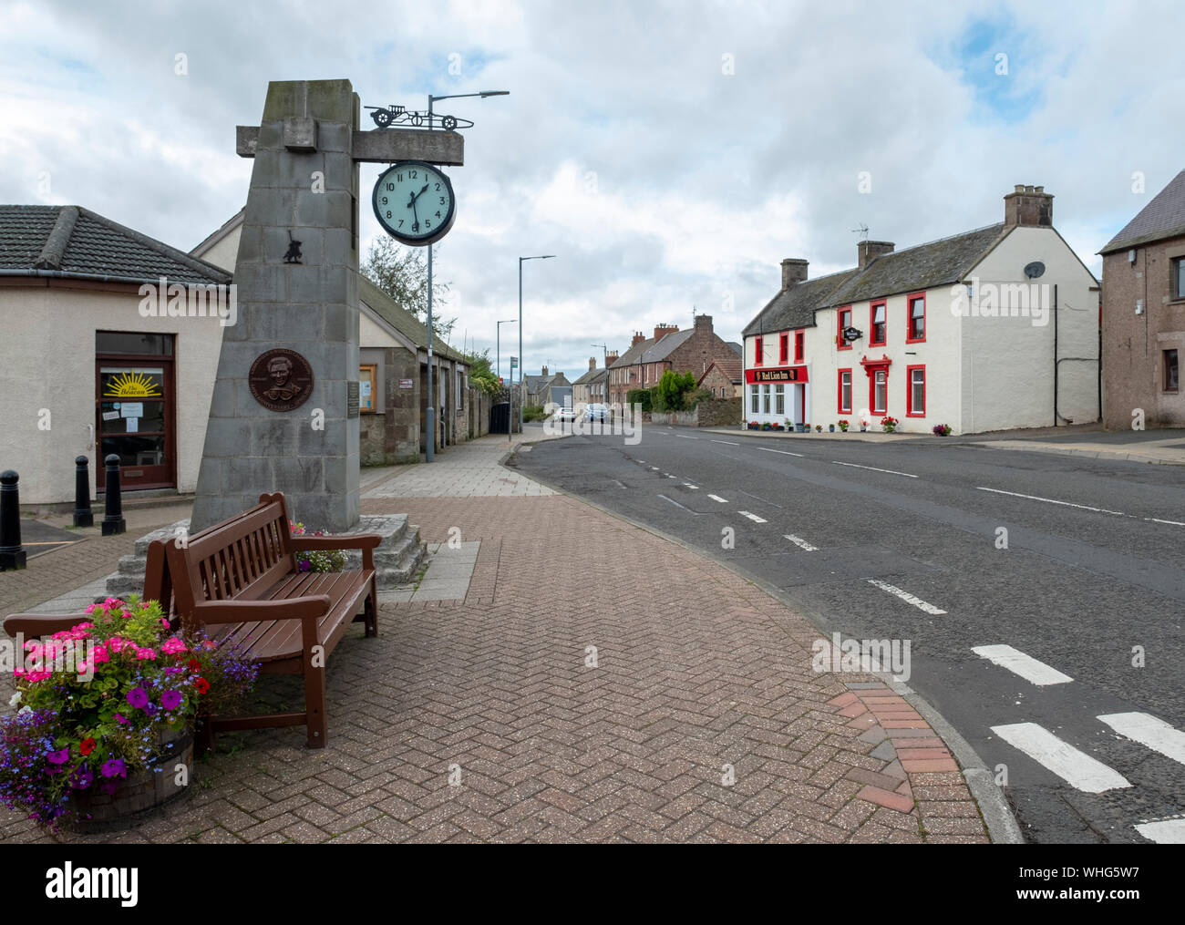 Jim Clark memorial clock Main Street, West End, Chirnside, Scotland ...