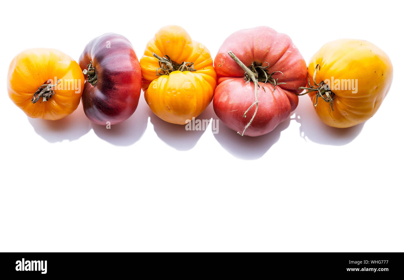 Tomatoes of different colors and shapes on a white background. Top view ...