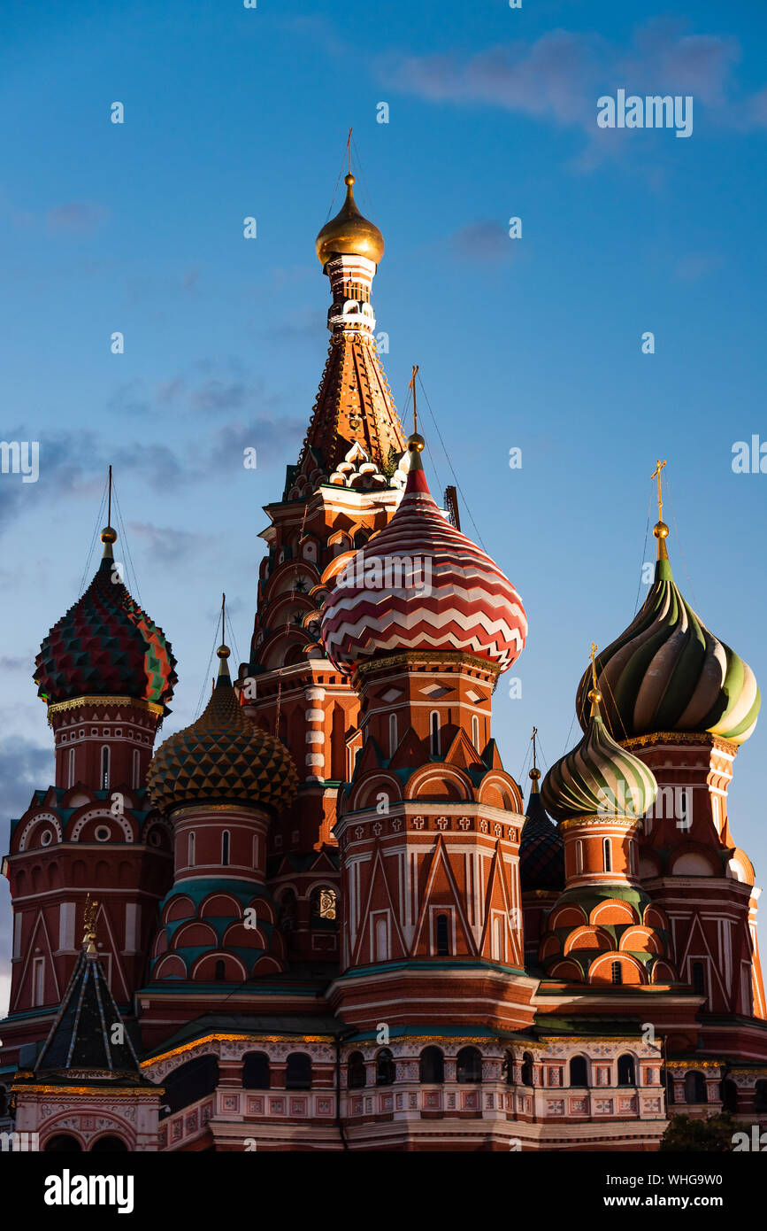 The beautiful towers of the Saint Basil's Cathedral in Moscow, Russia ...