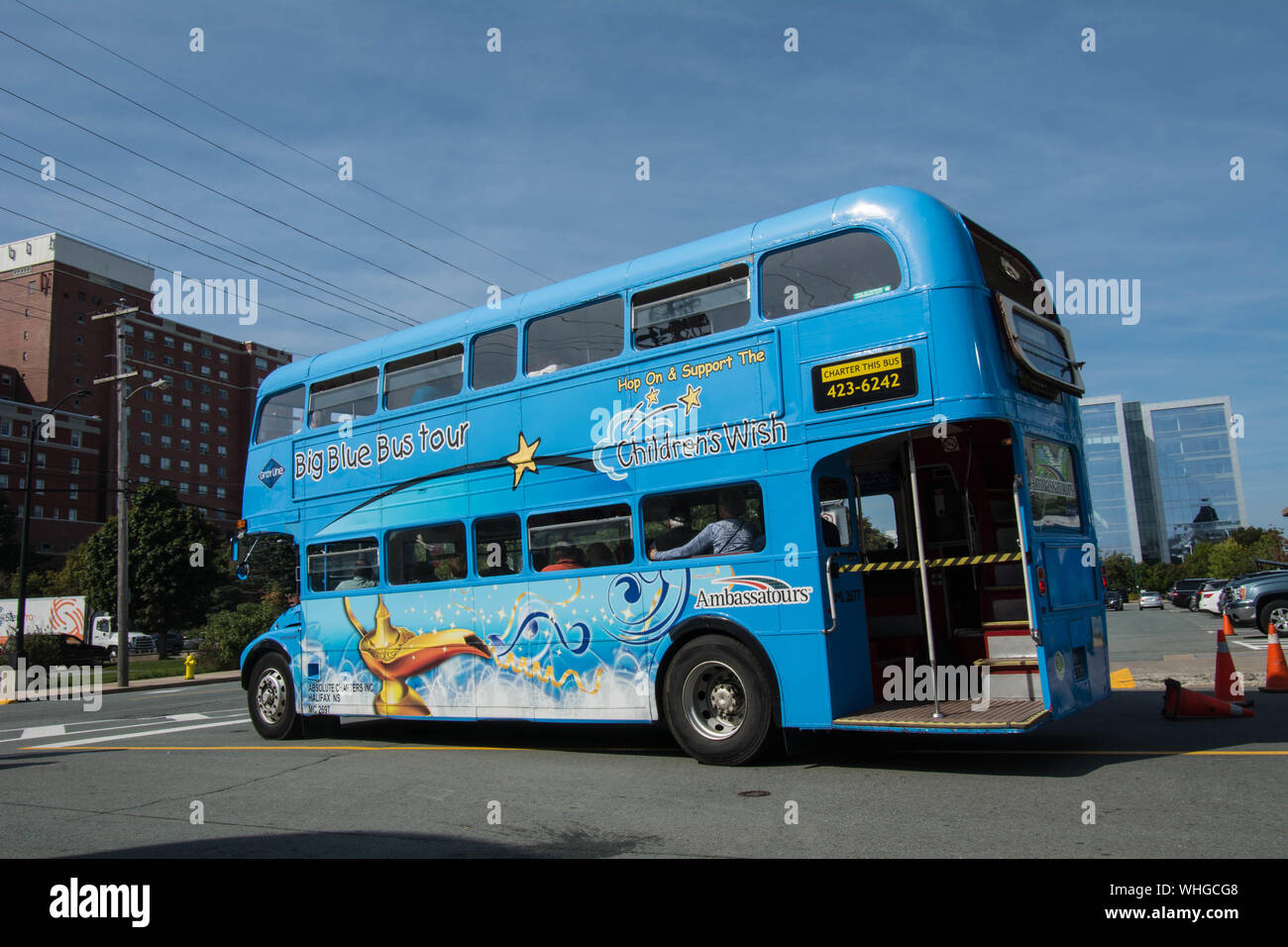 blue double decker bus Halifax Nova Scotia Canada water front town ...