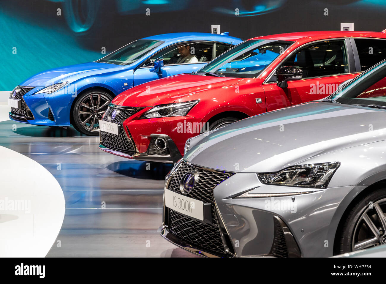 GENEVA, SWITZERLAND - MARCH 6, 2019: Row of new Lexus cars showcased at ...