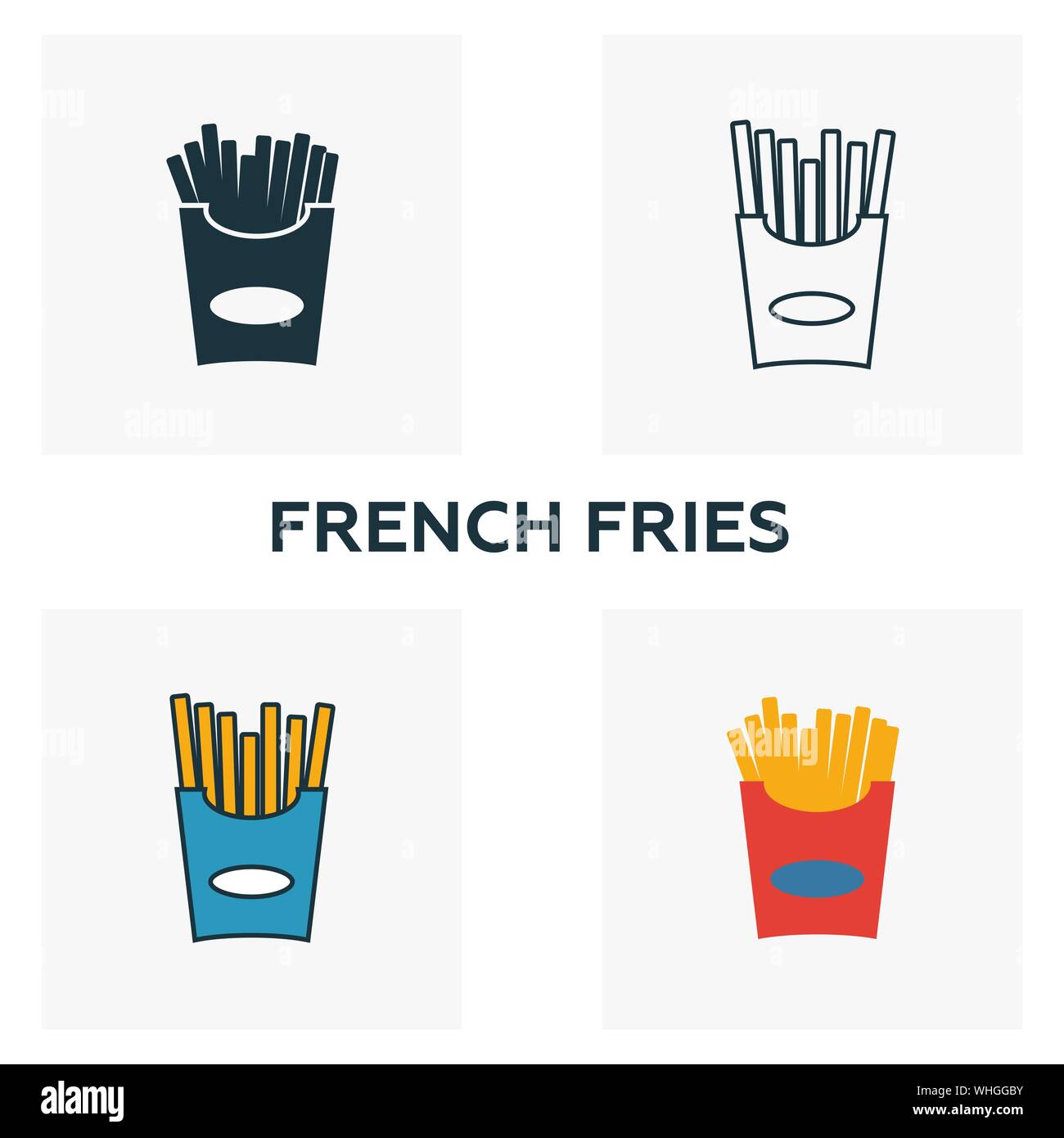 French Fries icon set. Four elements in diferent styles from fastfood ...