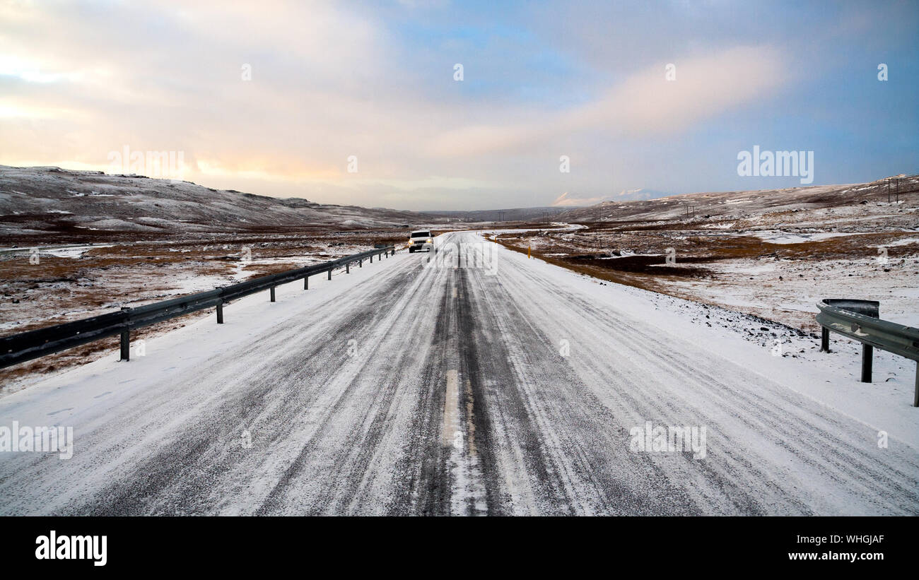 Landscape view of a frozen Ring Road in Iceland during Winter Stock ...