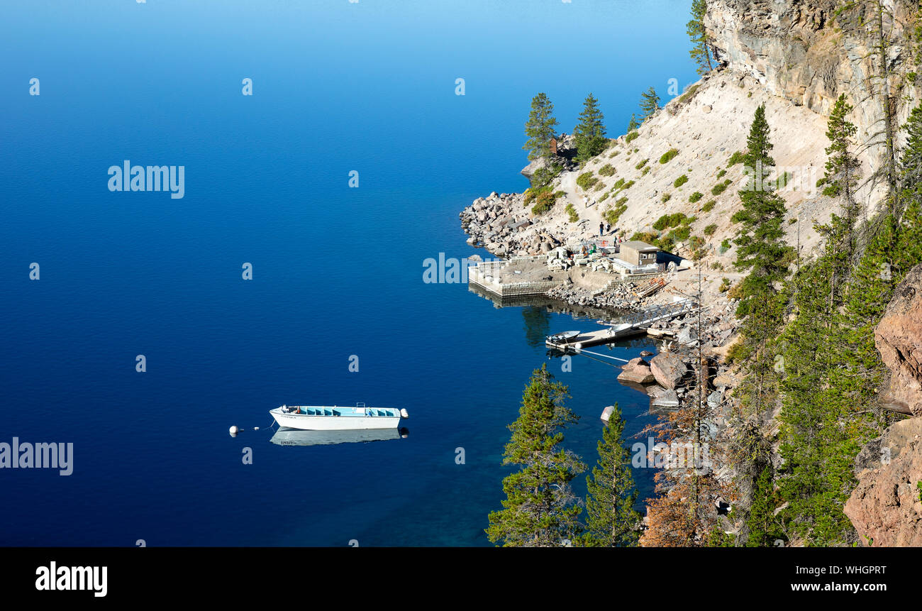 A view of the tour boat pier at Crater Lake, Oregon. The lake is famous ...