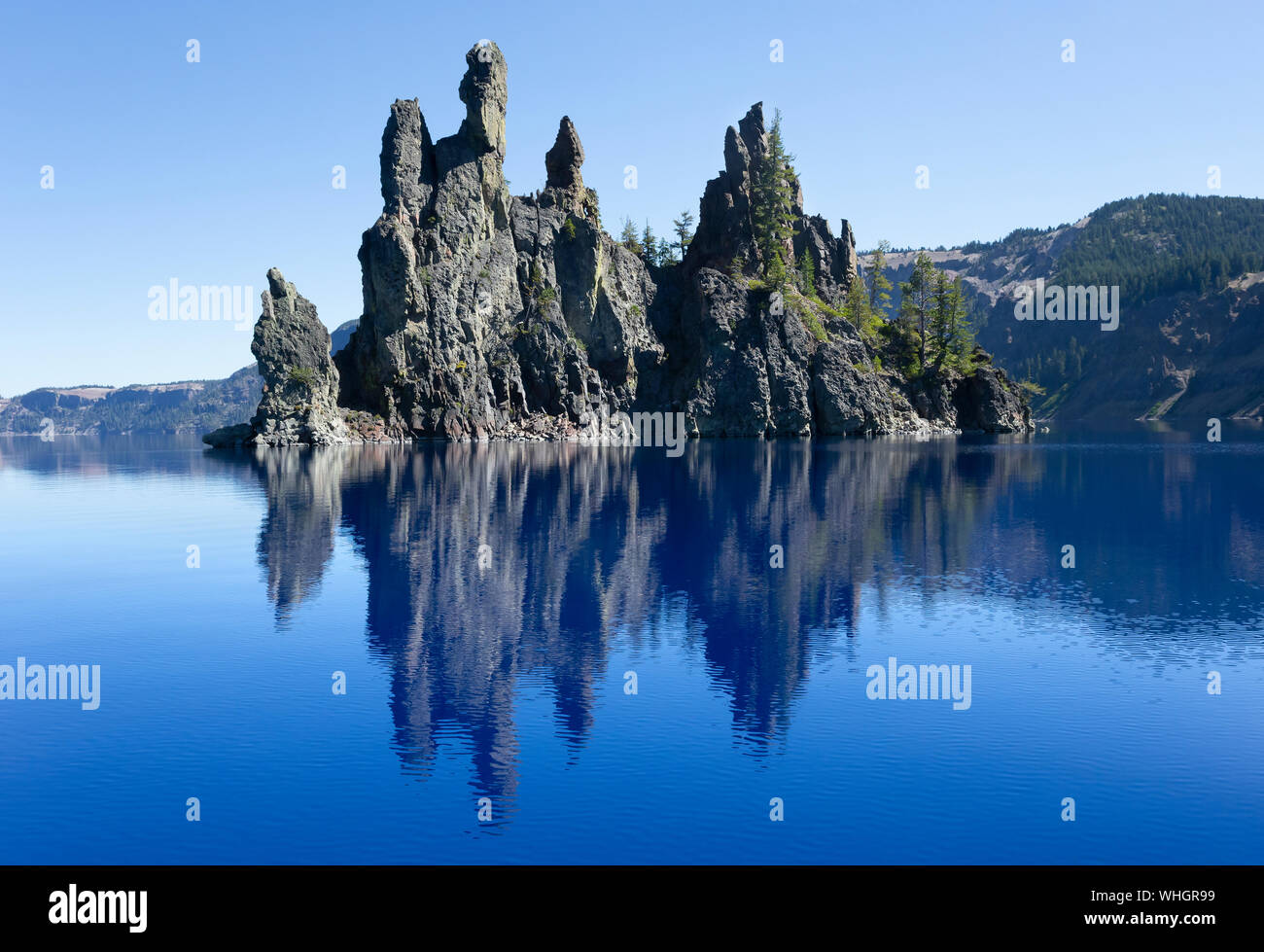 A view of Crater Lake and Phantom Ship island in Oregon. The island is ...