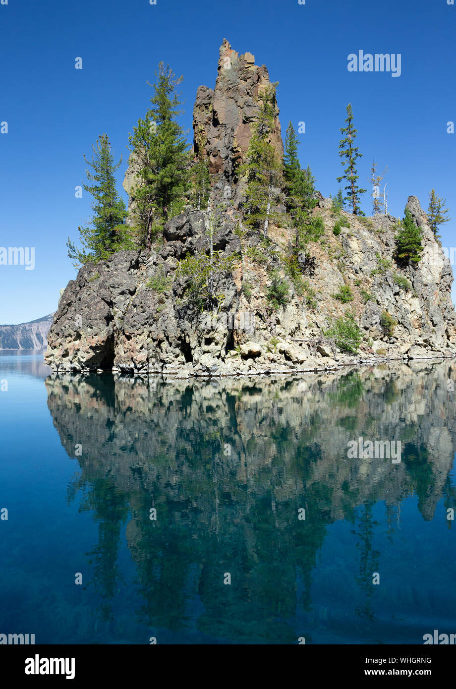 A view of Crater Lake and Phantom Ship island in Oregon. The island is ...