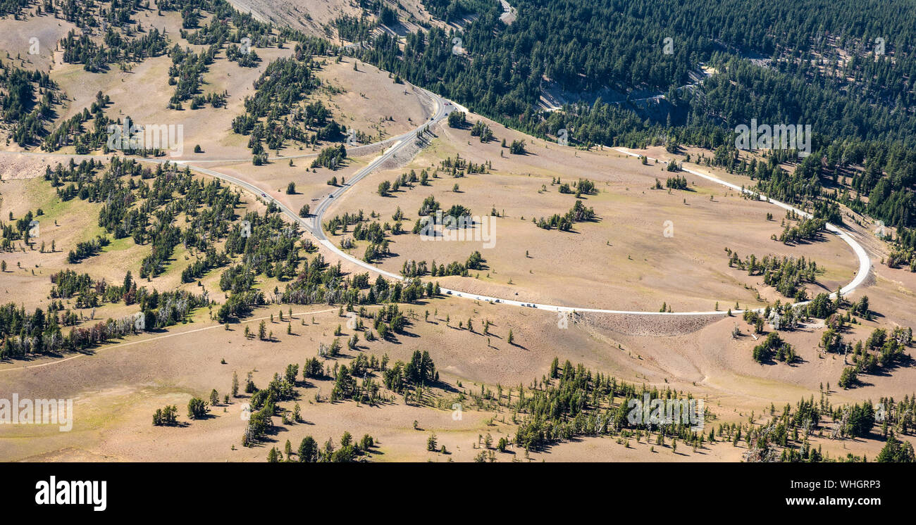 An aerial view of the East Rim Drive at Crater Lake National Park ...