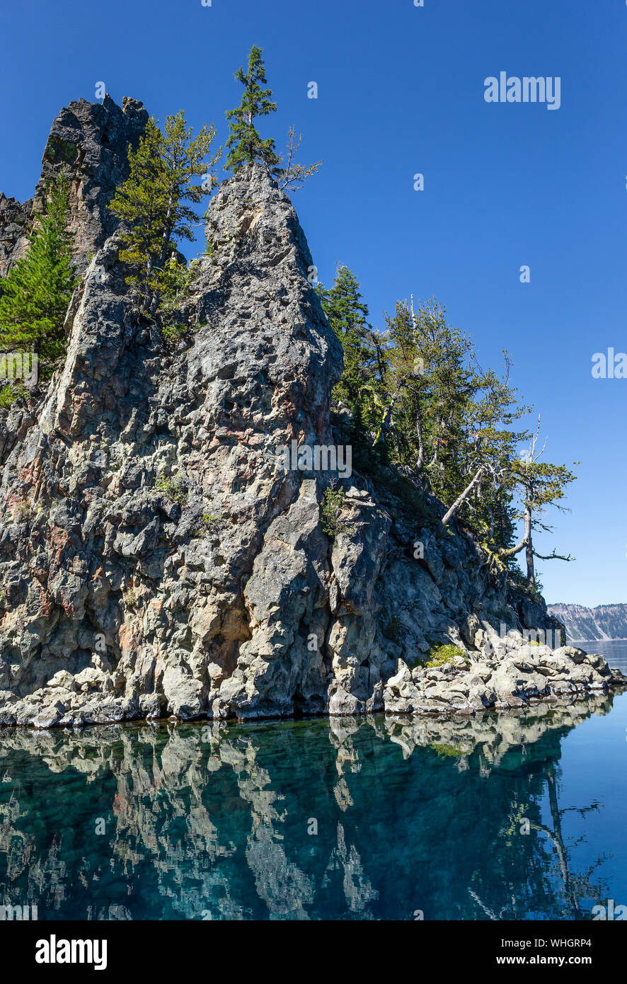 A view of Crater Lake and Phantom Ship island in Oregon. The island is ...