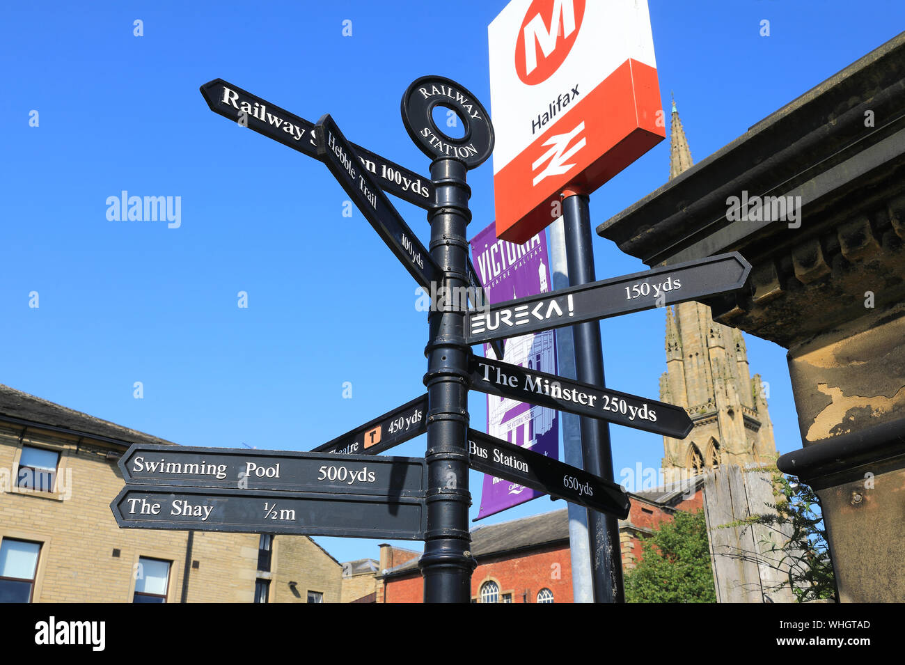 Sign to attractions, outside Halifax railway station, in West Yorkshire ...