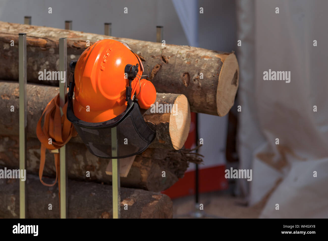 Lumberjack protective helmet and wood logs stacked for cutting Stock ...
