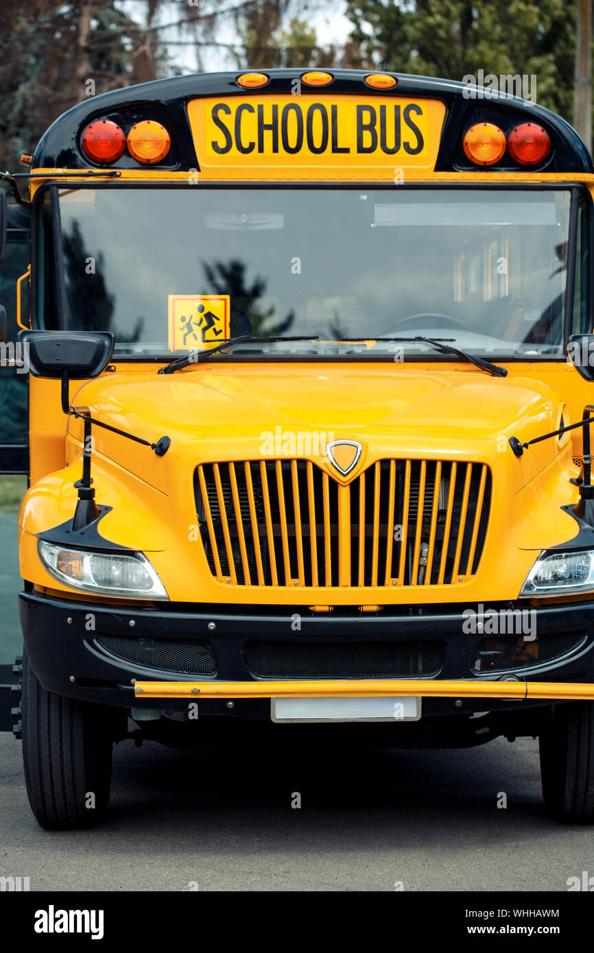 School bus sign above front window vertical close-up Stock Photo - Alamy