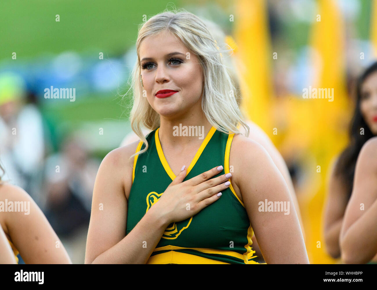 August 31 2019: Baylor Bears cheerleader during the national anthem at ...
