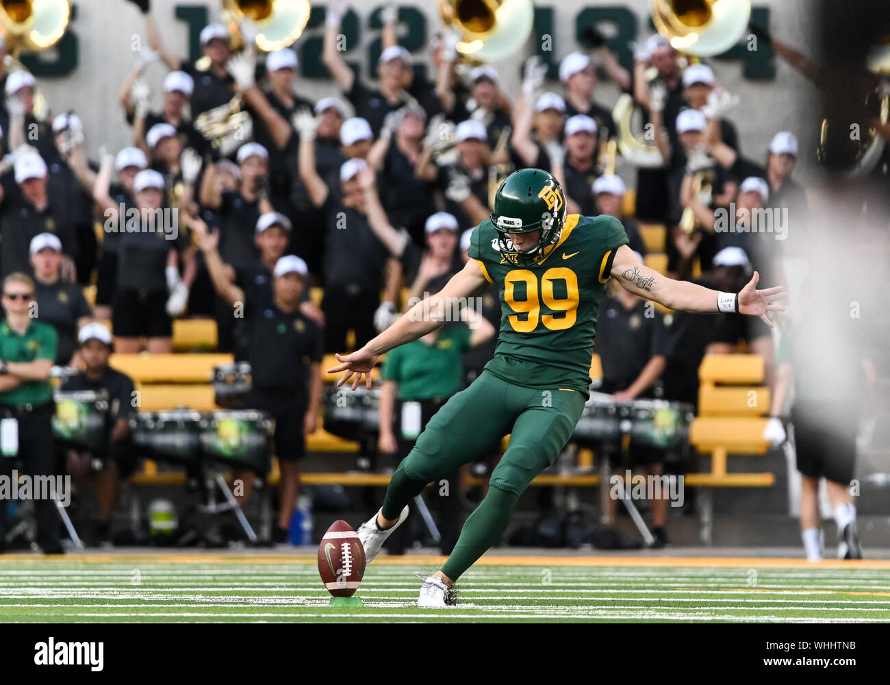 August 31 2019: Baylor Bears place kicker Noah Rauschenberg (99) kicks ...