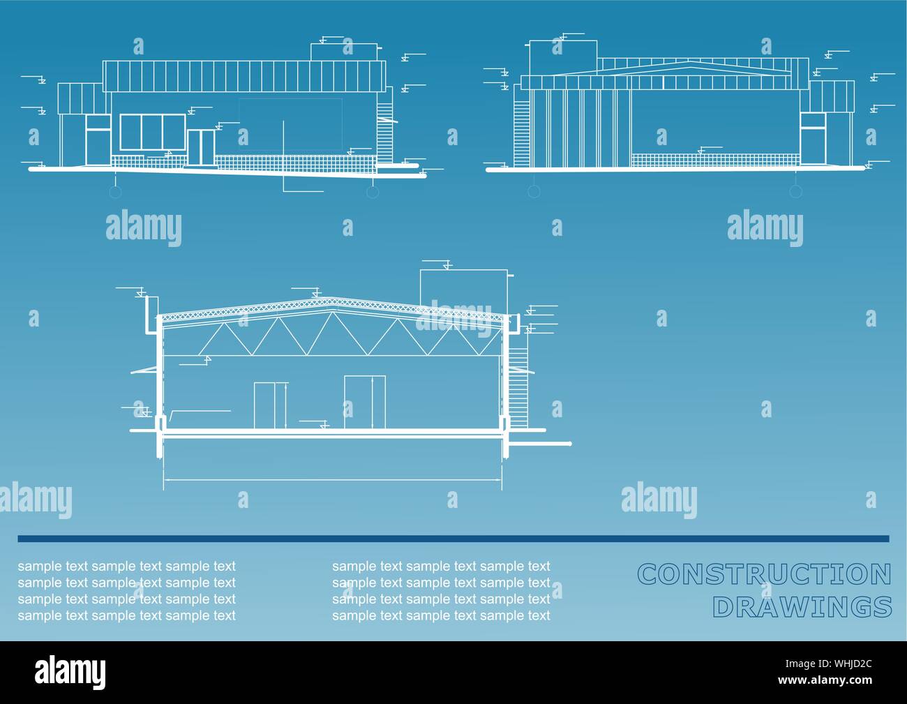 Construction drawings on a blue background. Engineering illustration ...
