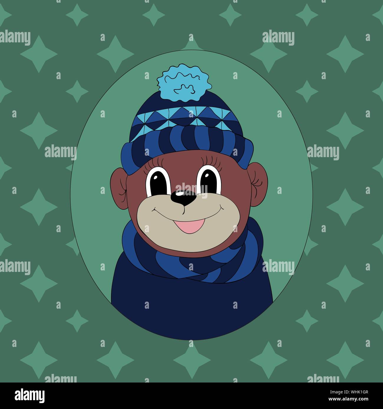 Monkey in a dark blue cap and scarf. Print for clothes, cards and ...