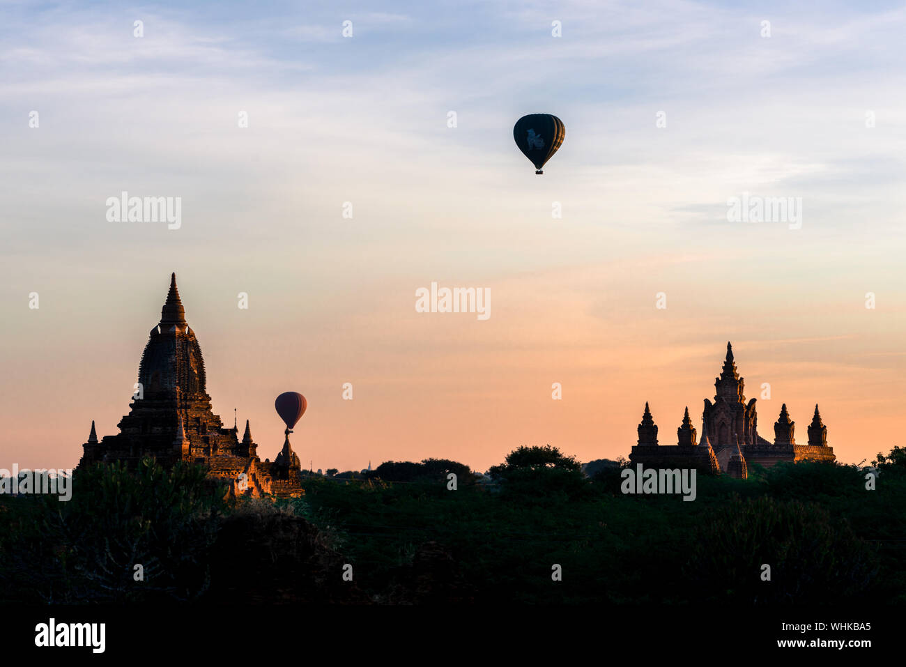 BAGAN, MYANMAR - 06 DECEMBER, 2018: Horizontal picture of colorful sky ...