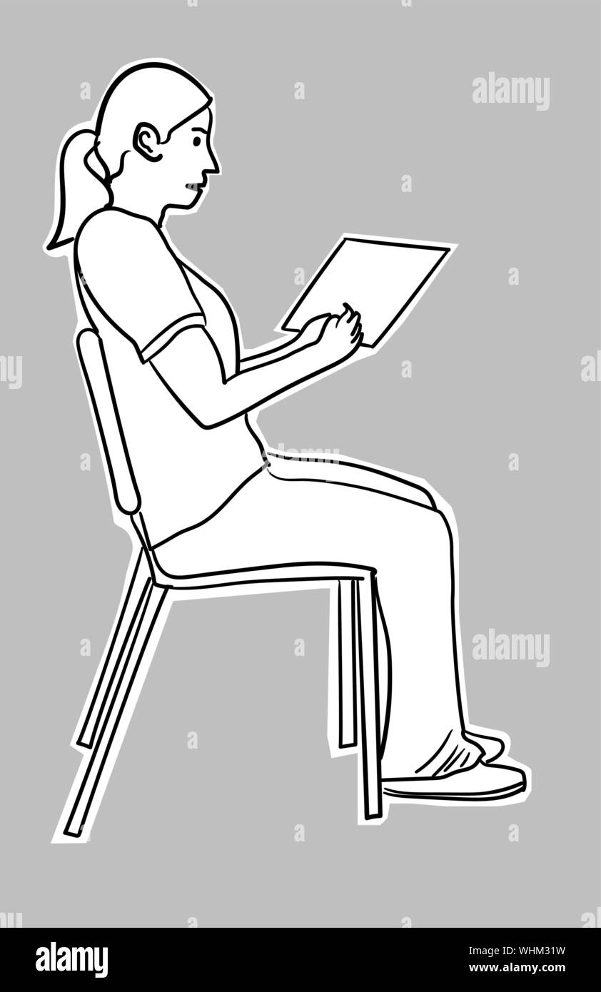 Female student sitting on a chair with a tablet, isolated over a white ...
