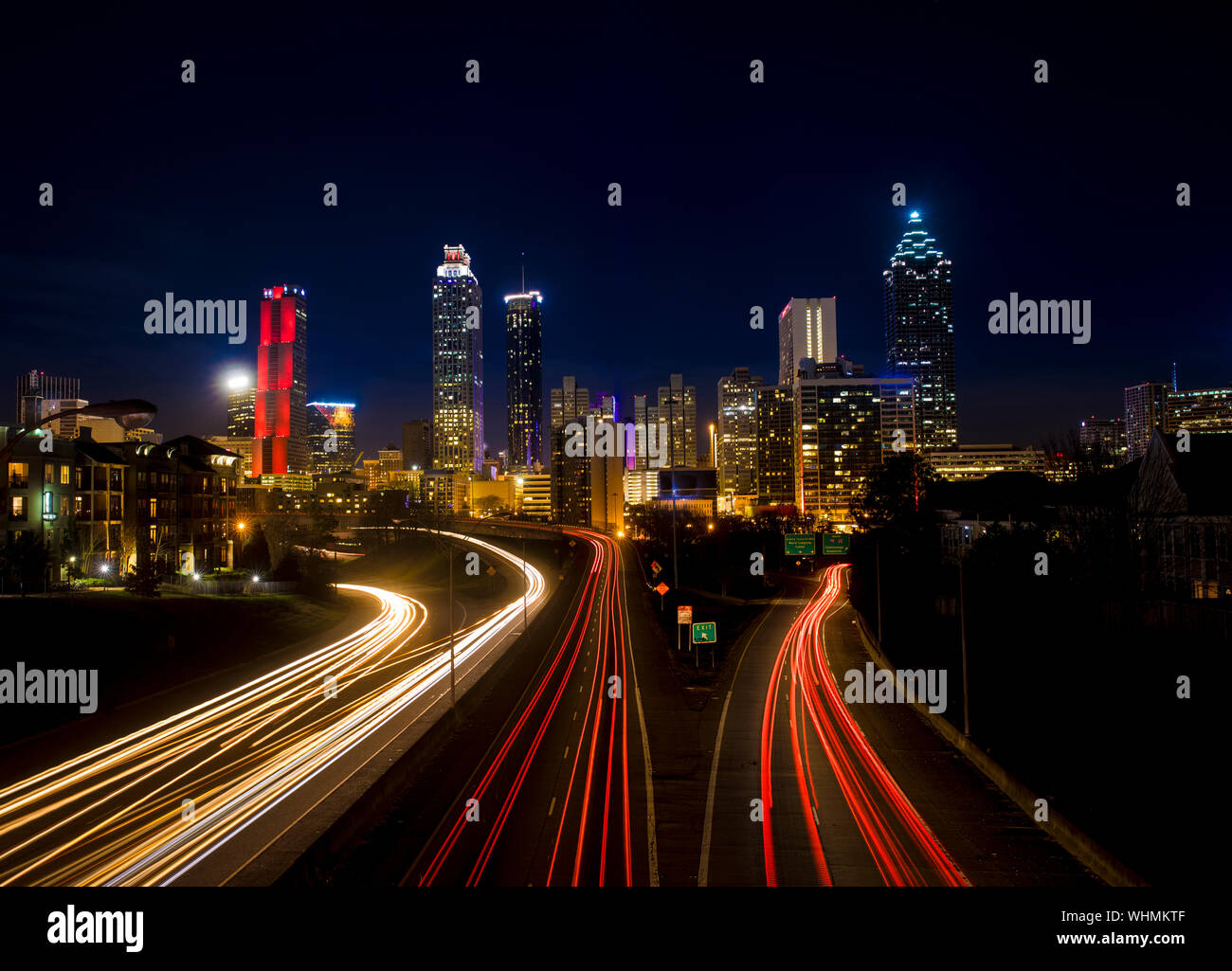 High contrast time lapse of traffic flowing into Atlanta downtown area ...