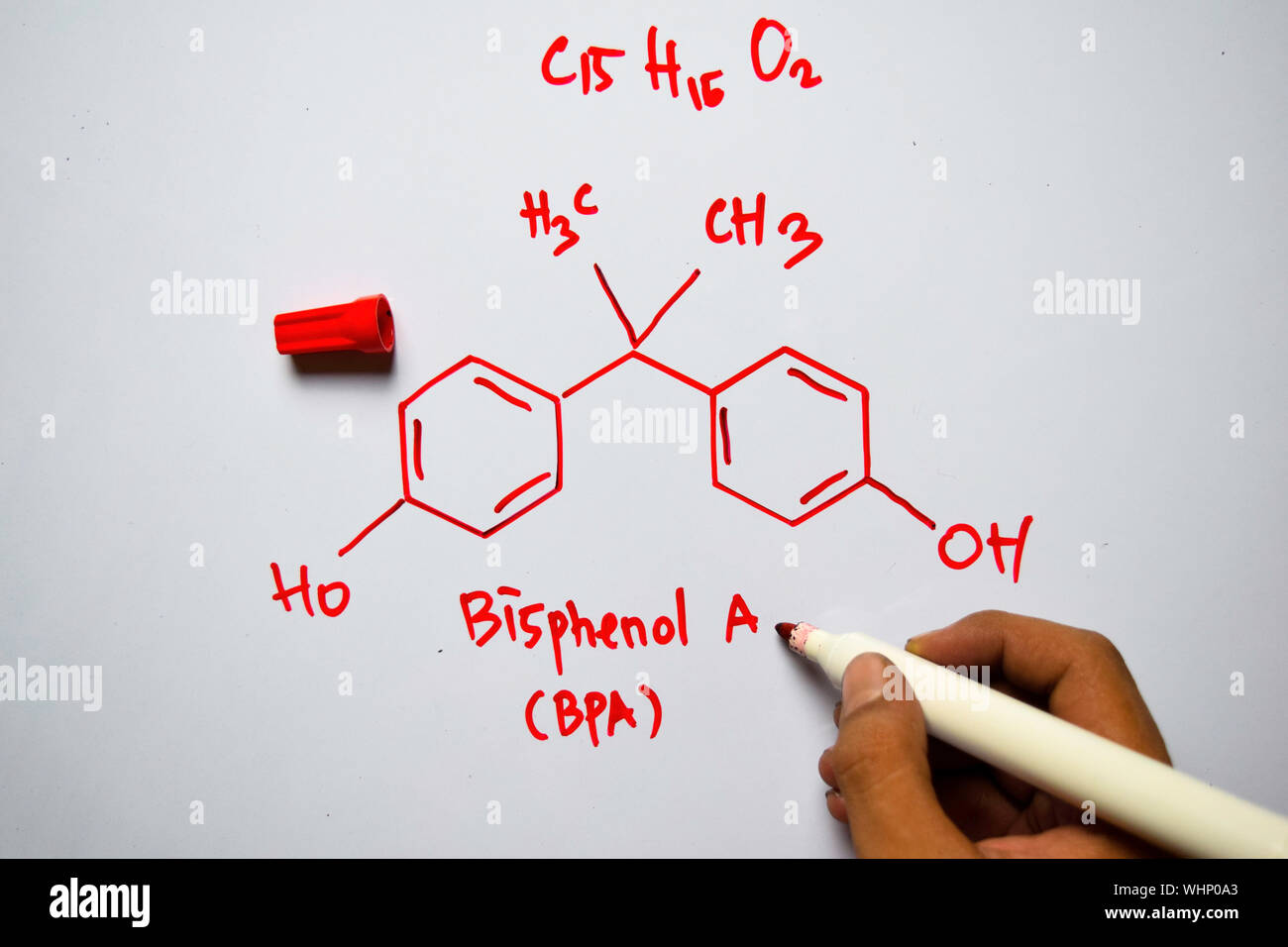 Bisphenol A - BPA (C15,H16,O2) molecule written on the white board ...