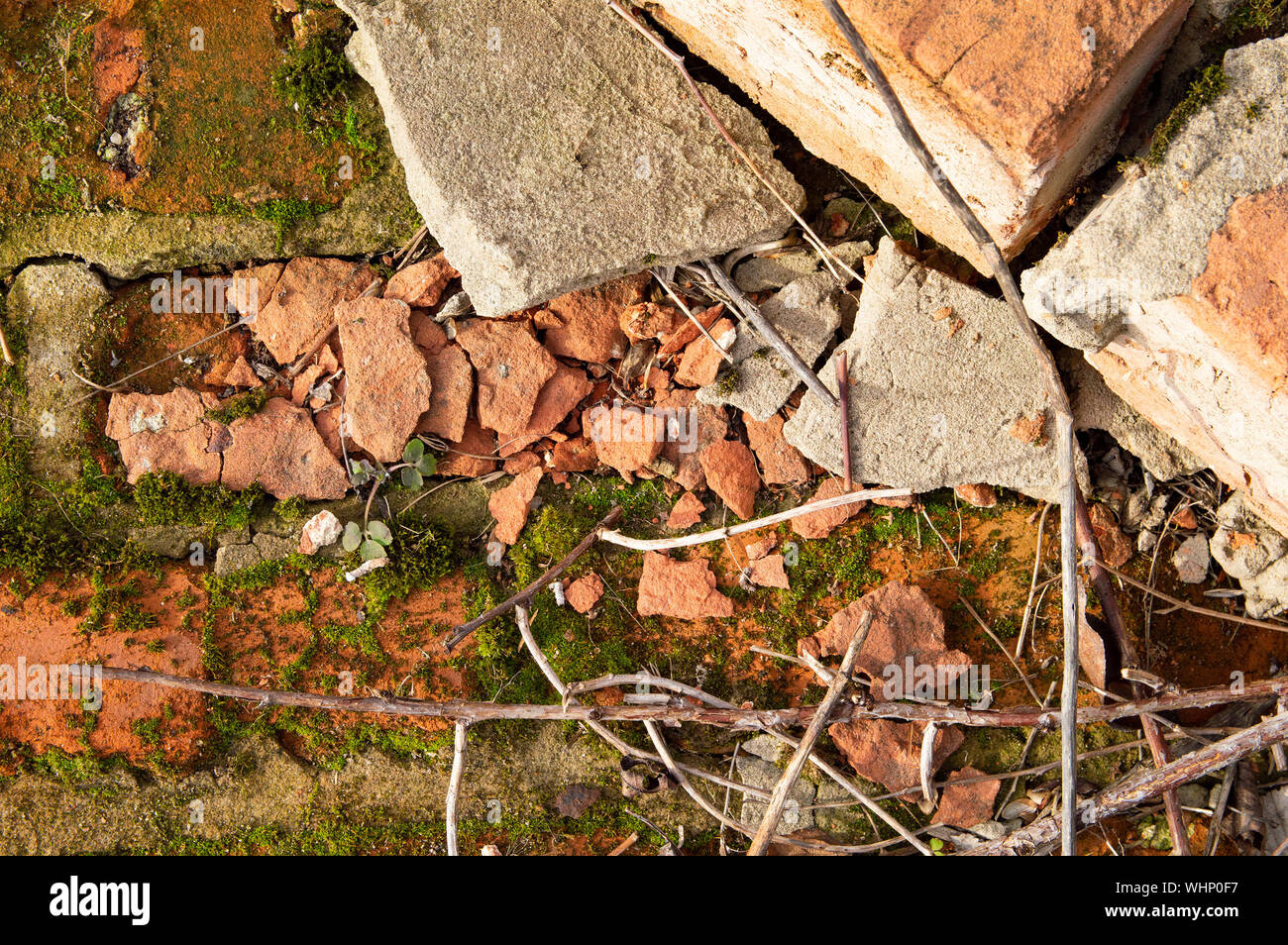 Fragments of red old bricks on the ground - background, texture Stock ...