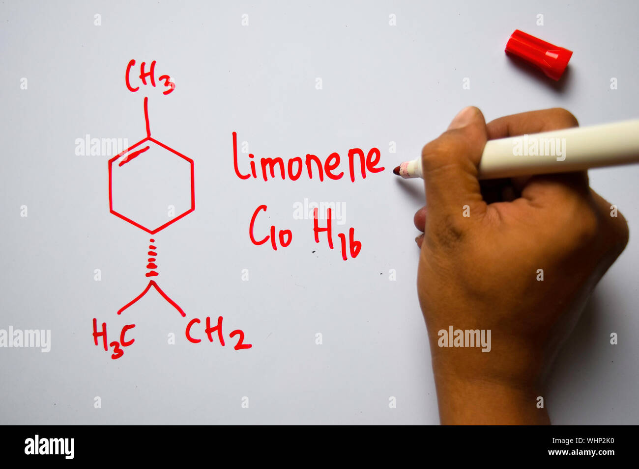 Limonene (C10,H16) molecule written on the white board. Structural ...