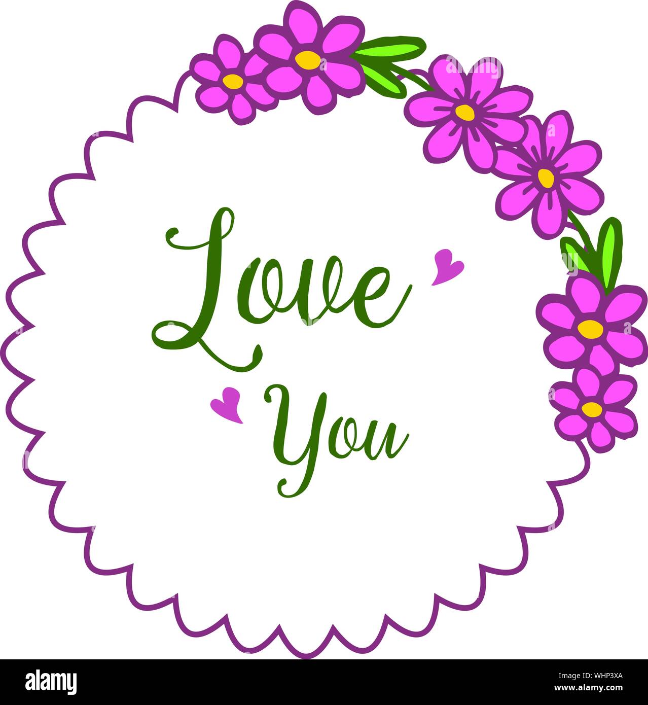Handwritten Card Design Love You With Nature Leaf Flower Frame Vector