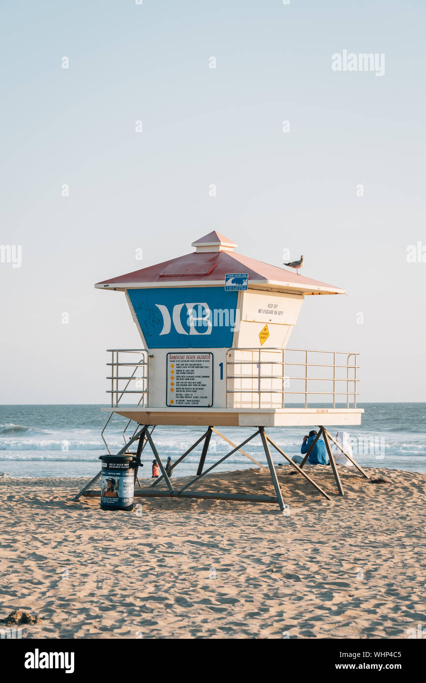 Lifeguard stand on the beach in Huntington Beach, Orange County ...