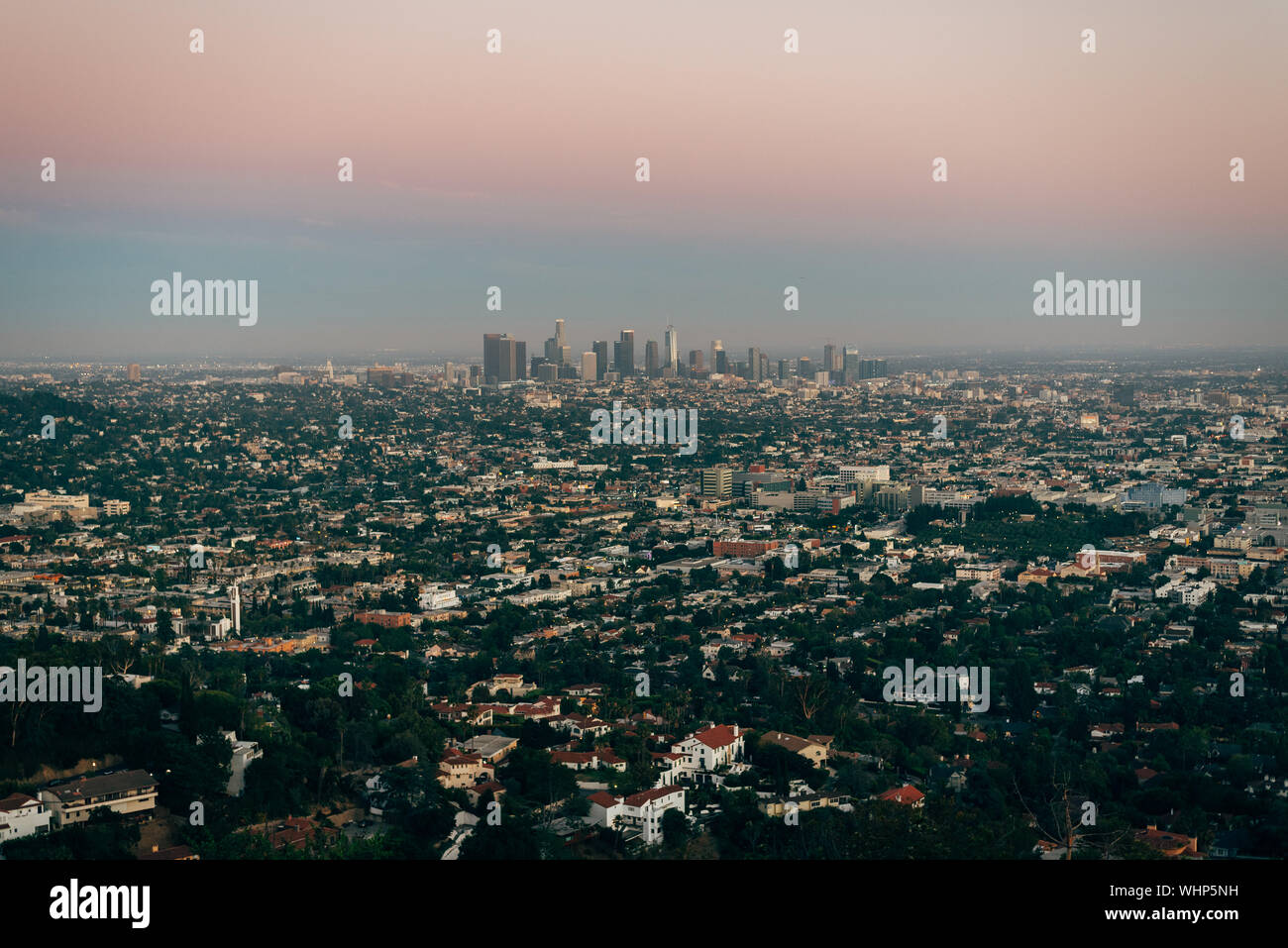 View of downtown Los Angeles at sunset, from Griffith Observatory, in ...