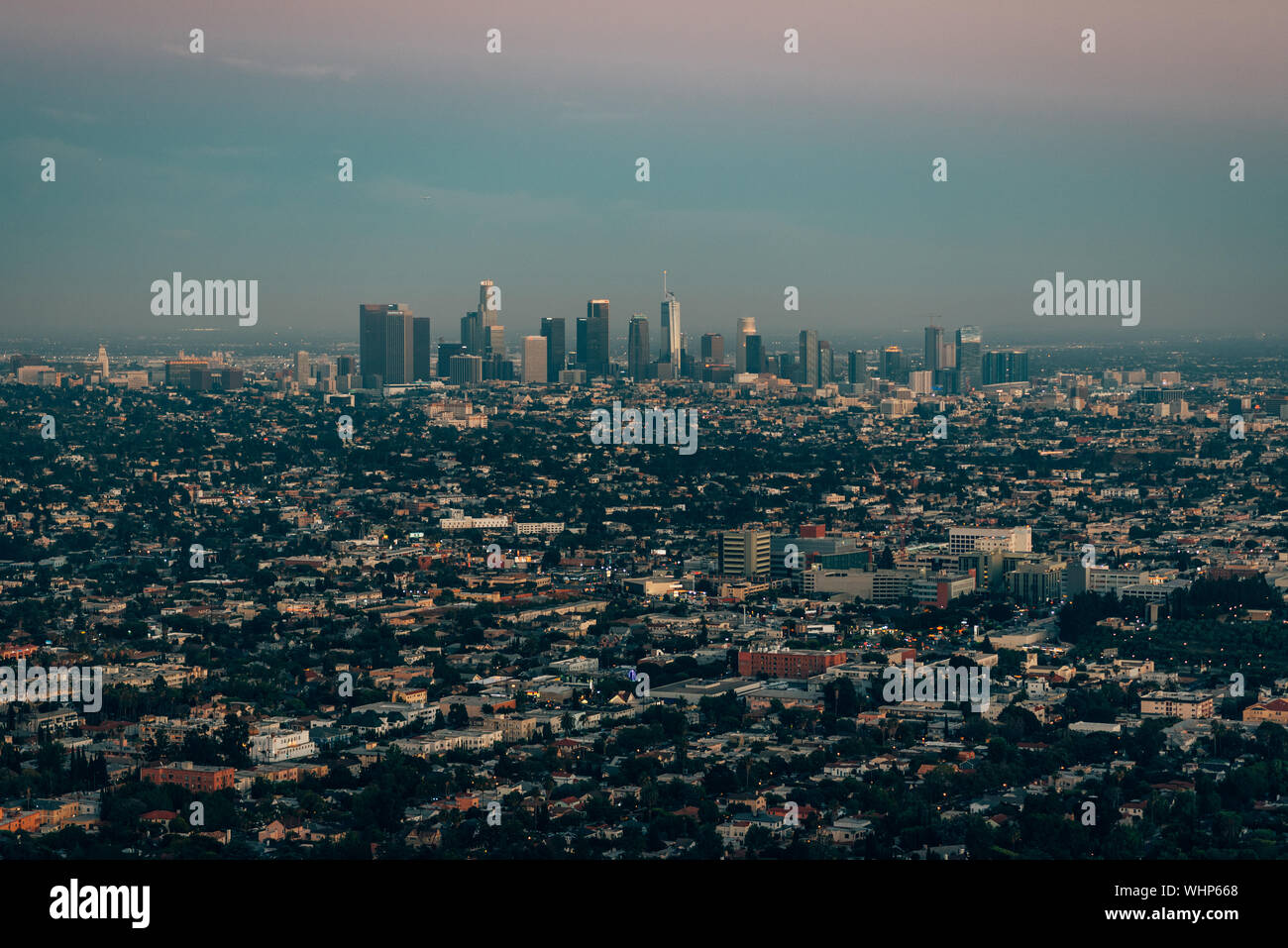 View of downtown Los Angeles at sunset, from Griffith Observatory, in ...