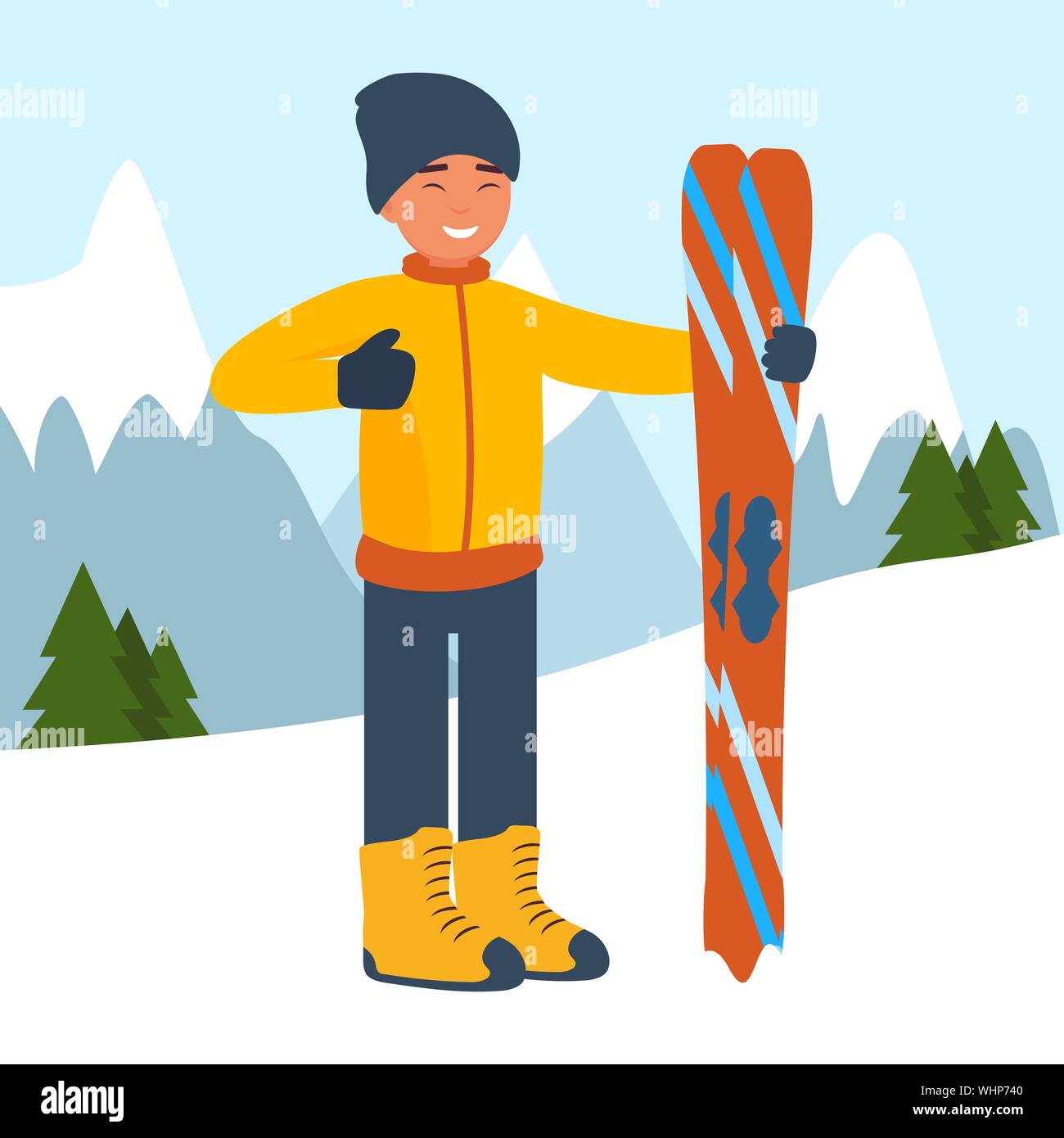 Cartoon sportsman skier against the background of snow-capped mountains ...
