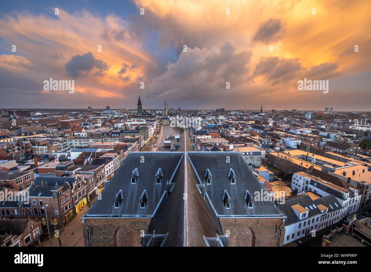 Aerial view over Groningen city from church tower in old city centre ...