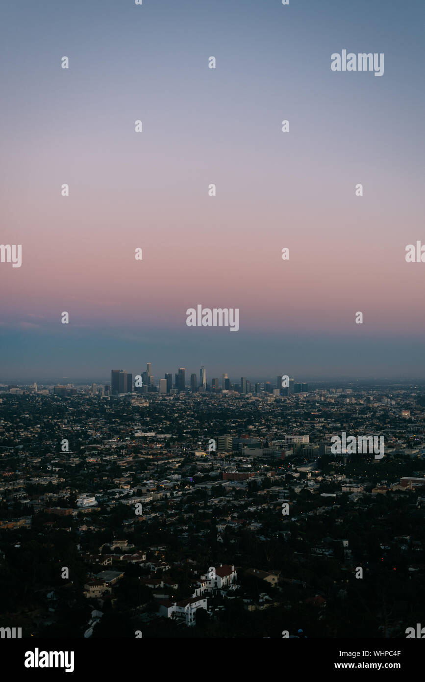 View of downtown Los Angeles at sunset, from Griffith Observatory, in ...