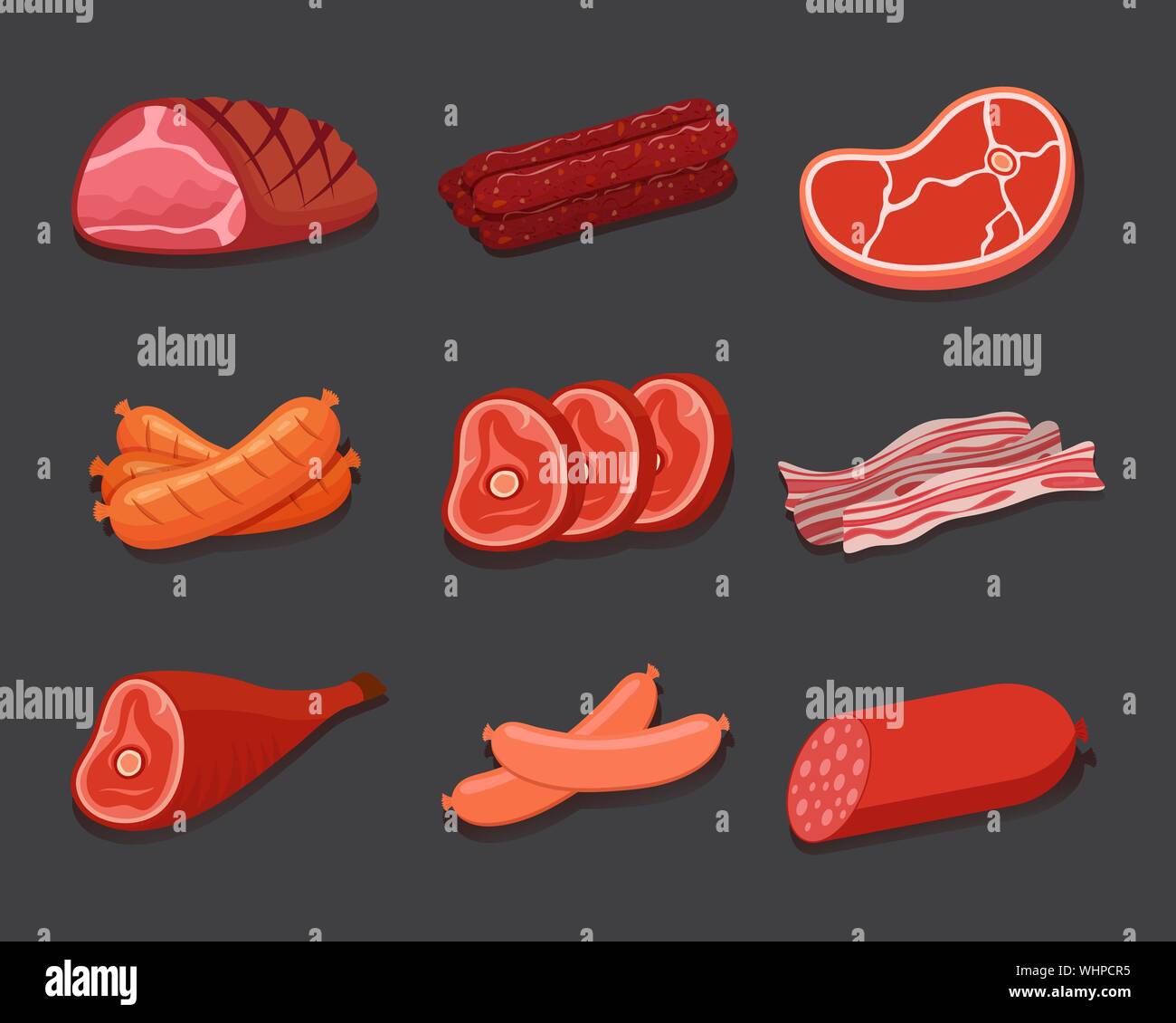 Meat icon set. Various meat products, sausages, bacon and steak. Vector ...
